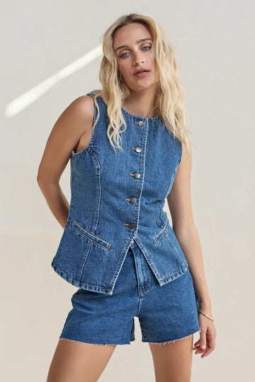 Lena Denim Vest | Heritage Blue – www.goalsstore.com